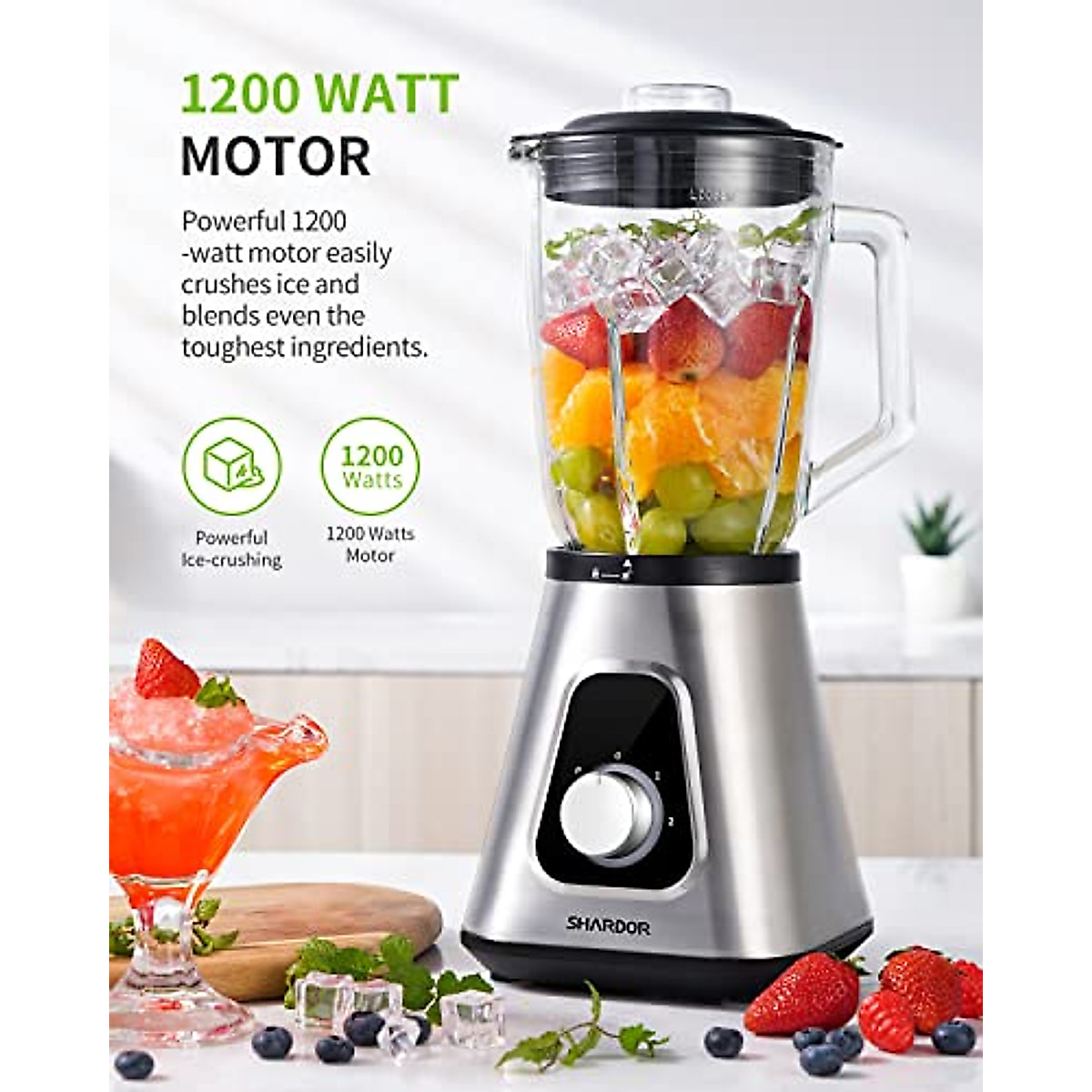 Blender for Shake and Smoothies, SHARDOR Powerful 1200W Countertop Blender for Kitchen, 52oz Glass Jar, 3 Adjustable Speed Control for Frozen Fruit Drinks, Smoothies, Sauces & More, Sliver