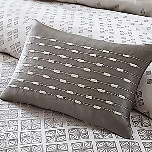 Madison Park Biloxi Jacquard Comforter Set - Modern Geometric Design, All Season Down Alternative Cozy Bedding with Matching, Shams, Decorative Pillow, Queen(90"x90"), Ombre Silver 7 Piece