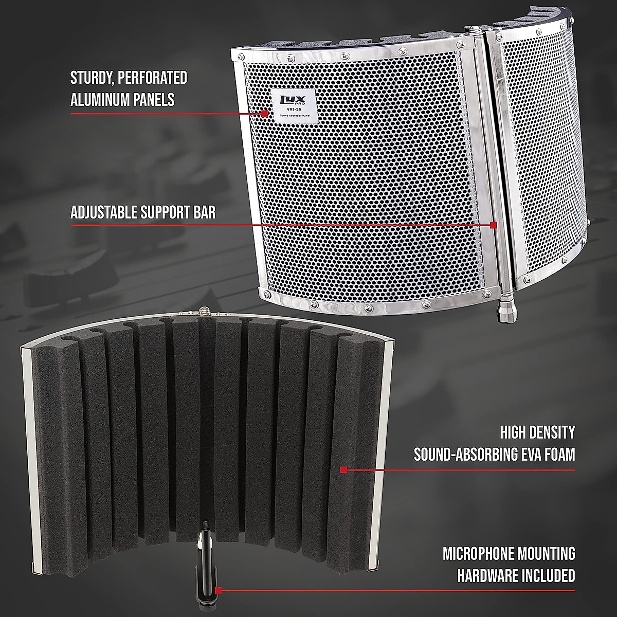 LyxPro VRI-30 Sound Absorbing and Vocal Booth Recording Microphone Isolation Shield Panel for Home Office and Studio Portable & Foldable Stand Mount Adjustable