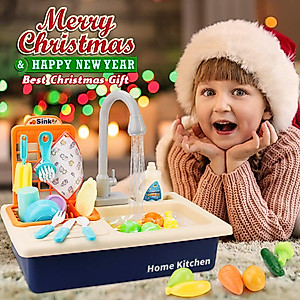 BOBXIN Play Sink with Running Water, Kids Play Kitchen Toy Sink Electric Dishwasher, Pretend Role Play Kitchen Toys Set with Upgraded Working Faucet and Dishes Playset for Girls, Toddler and Boys