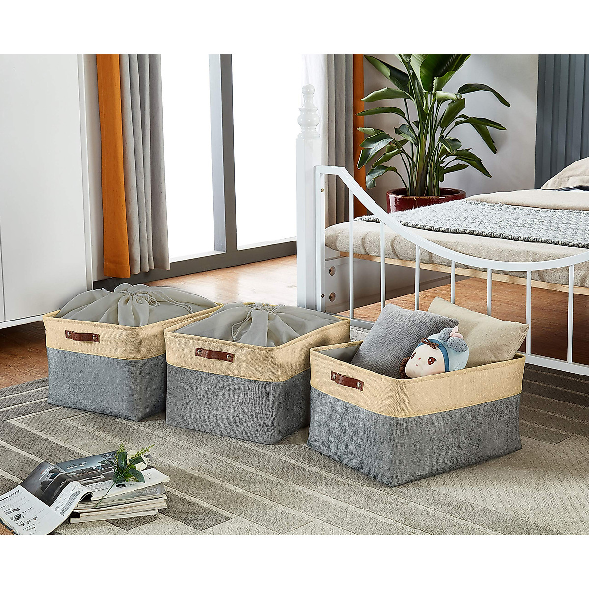 DECOMOMO Storage Baskets | Large Storage Bins Fabric Baskets for Organizing Laundry Nursery Toys Cloth Linen Closet Organizers with Handles (Grey and Beige, XXXXL - 3 Pack)