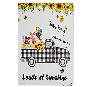 TISOSO Loads of Sunshine Sunflower Truck Retro Vintage Metal Tin Signs Farmhouse Kitchen Wall Decorative Garden Country Home Decor 8X12Inch