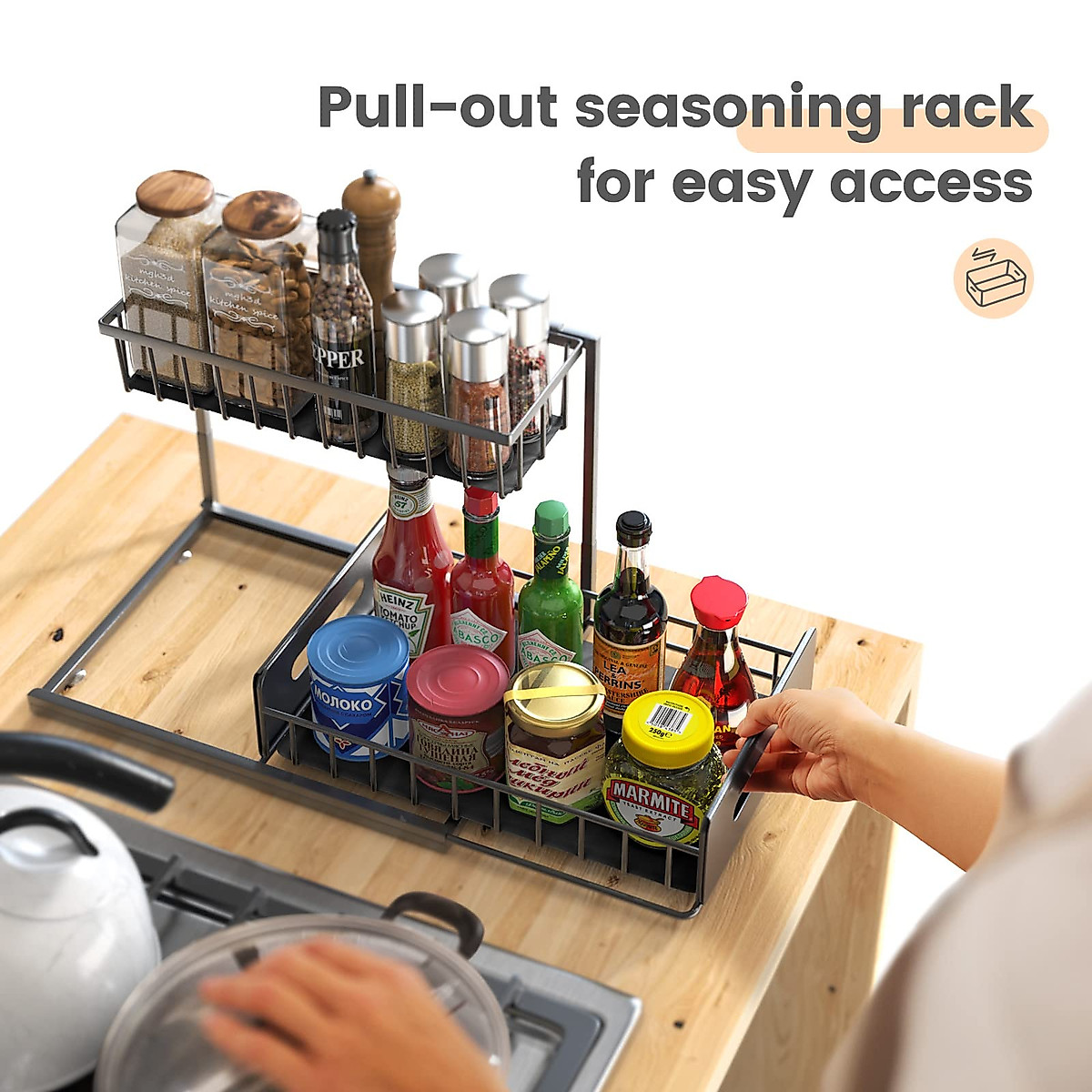 Tochek Under Sink Organizers and Storage, 2 Tier L-shaped Sliding Bathroom Organizer and Storage, Multi-purpose Pull Out Under Sink Organizer for Kitchen Bathroom, Black