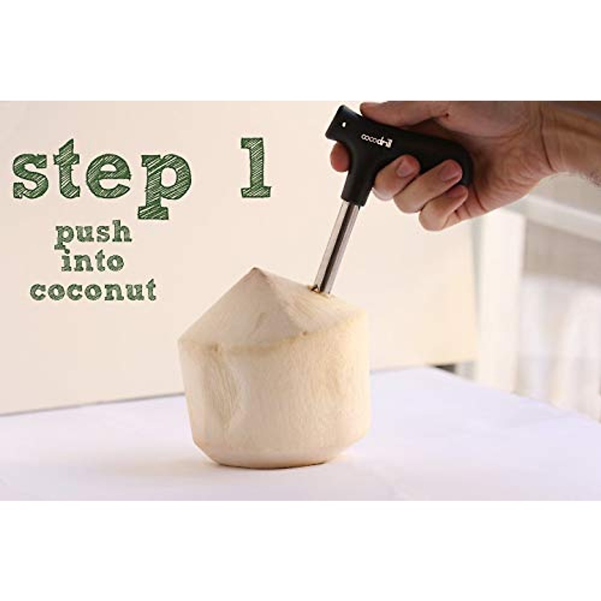 CocoDrill Young Coconut Opening Tool -(Punch Tap) Knife Opener for Raw Coco Water Juice - Makes Straw Hole! (Fresh, Thai, Hawaii)