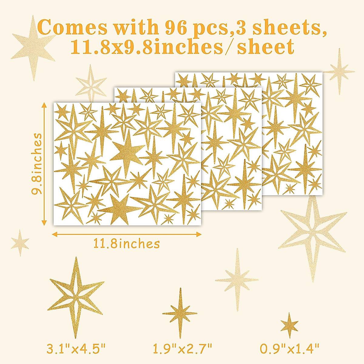 Gold Star Wall Decals Metallic Vinyl Star Wall Stickers Gold Sticker Wall Decor Sparkle Starburst Wall Decals Peel and Stick Retro Star Wall Stickers for Bedroom Living Room Decor