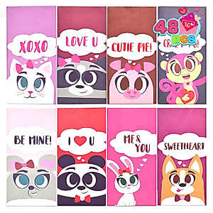 JOYIN 48 Pieces Valentines Day Gift Bags Craft Paper Treat Bags Valentine Goodie Bags with Different Characters for Kids Party Favor Supplies