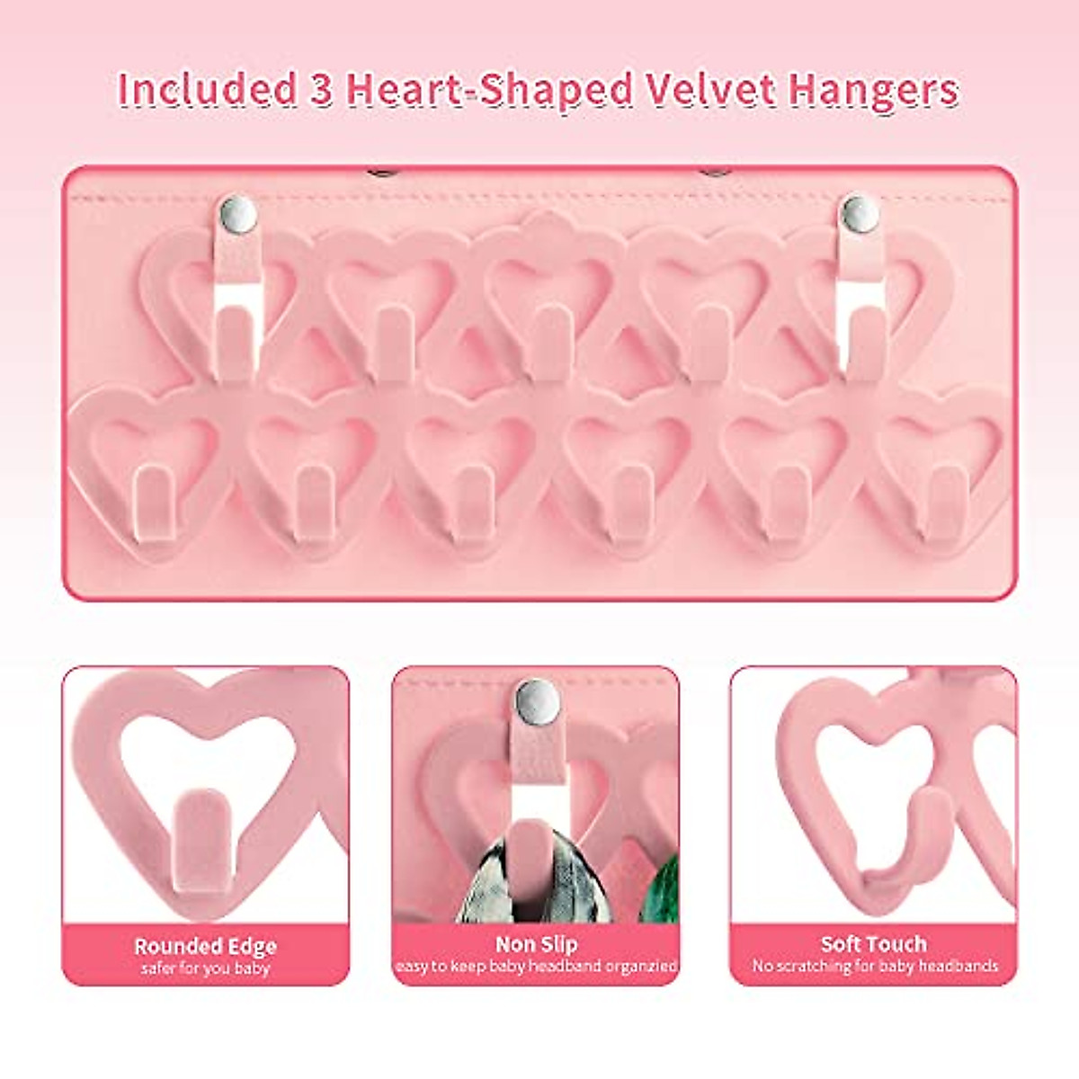 PACMAXI Hanging Headband Holder For Baby Girls, Headbands Organizer For Baby Girls, Baby Bow Holder Organizer W/heart-shape Velvet Hangers, Newborn Bows And Headbands Storage(Pink)