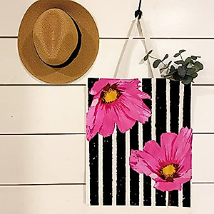 Canvas Shoulder Bag 15x18 Inch,Flowers Stripe Tote Bag for Books,Birthday Inspirational Gifts for Kids Girls Women