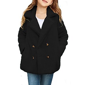 Nirovien Toddler Girls Fleece Jacket Lapel Button Up Teddy Long Coat Faux Warm Outerwear with Pockets(Black,4-5T)