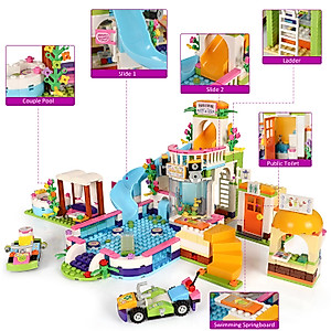 Friends Water Park Cafe Toy Building Set for Kids, 1140 Pieces Coffee Shop Summer Swimming Pool Building Blocks Sets with Storage Box, Friends Sets House Christmas Birthday Gift for Girls Age 6-12