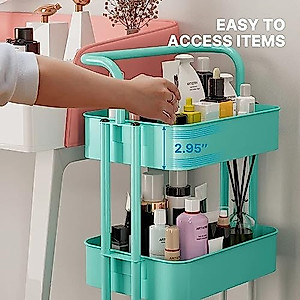 3 Tier Rolling Cart Organizer with Wheels, ADA Compliant, Metal Construction, Assembly Required, Spacious Storage Capacity, Lockable Casters, Hollow Carved Basket Design, 33.8'' H x 16.5'' W (Blue)