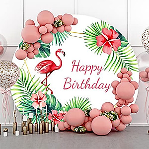 AWERT Polyester Diameter 5ft Flamingo Birthday Round Backdrop Summer Tropical Hawaiian Floral Plam Flower Photography Background Boy Girl Party Baby Shower Decorations Photo Booth Props