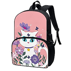Kawaii White Cat Print Backpack Cute Floral Backpack Pink School Backpack Elementary or Middle School Lightweight Large Capacity Backpack Adjustable Shoulder Strap Bookbags for Girls Boys