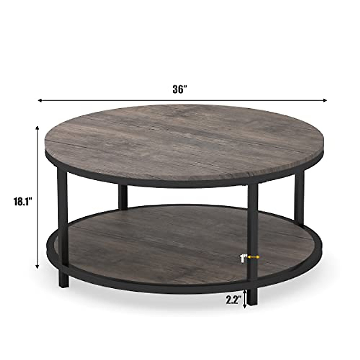 WiberWi Round Coffee Table 35.8" Rustic Vintage Industrial Design Furniture Sturdy Metal Frame Legs Sofa Table Cocktail Table with Storage Open Shelf for Living Room, Easy Assembly, Gray Brown1