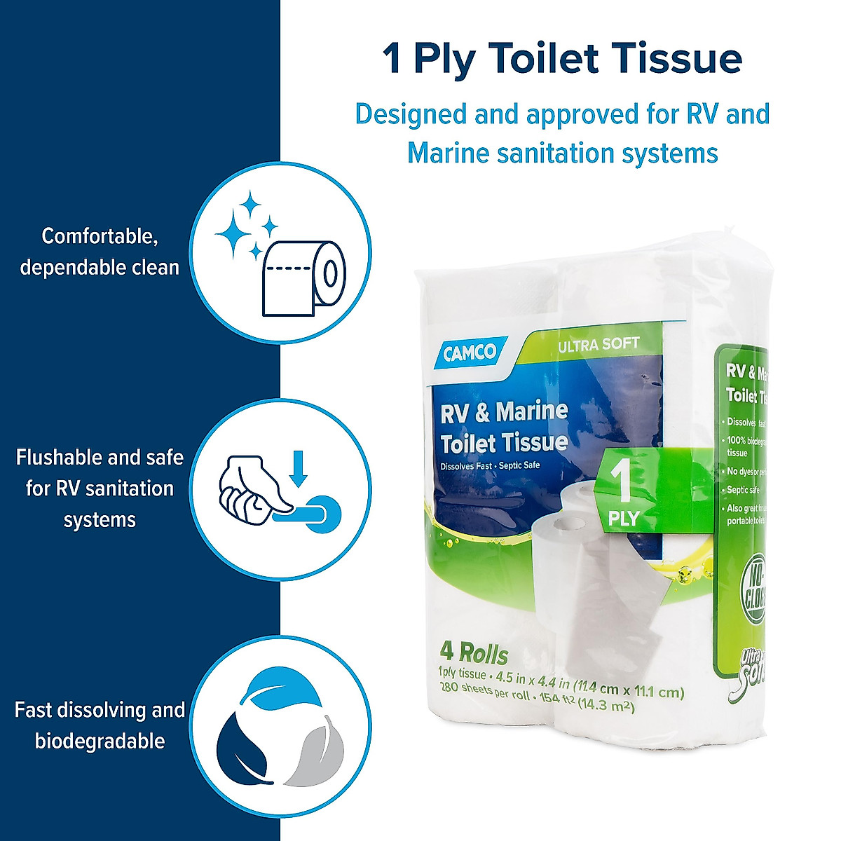 Camco Marine & RV Toilet Paper - 4-Rolls - 1-Ply Quick Dissolve RV & Marine Septic Safe Bath Tissue - Dye & Fragrance Free - 280 Sheets Per Roll (40275)