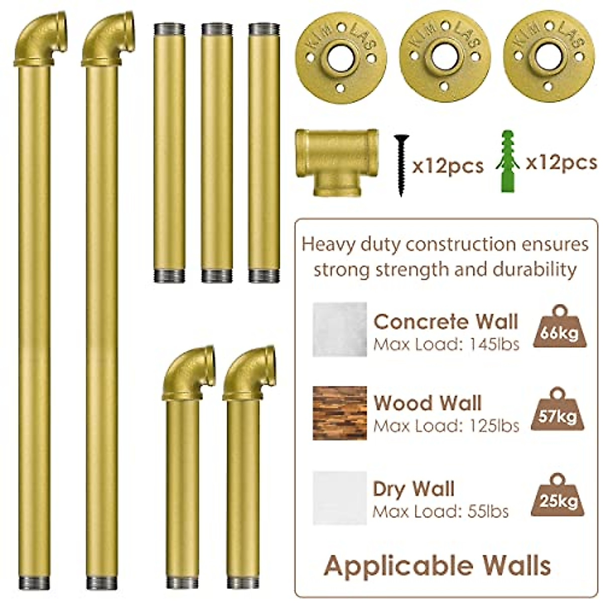 Industrial Pipe Clothing Rack, Wall Mounted Clothes Rack, Industrial Clothing Rack, Pipe Clothing Rack, Closet Rods for Hanging Clothes, 100% Galvanized Steel (39 in, Gold)
