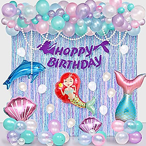 Winrayk 102Pcs Little Mermaid Birthday Decorations Party Supplies Girl Mermaid Balloon Arch Fringe Curtain Pearl String Birthday Banner Dolphin Shell Mermaid Tail Ocean Ariel Mermaid Party Decorations