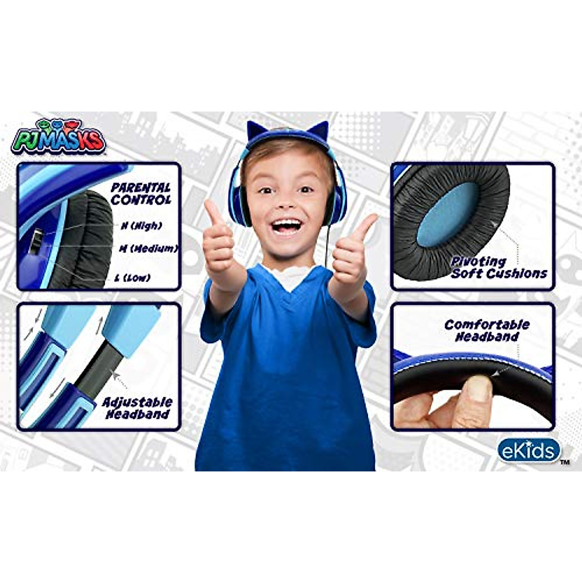 PJ Masks Catboy Kids Headphones, Adjustable Headband, Stereo Sound, 3.5Mm Jack, Wired Headphones for Kids, Tangle-Free, Volume Control, Childrens Headphones Over Ear for School Home, Travel
