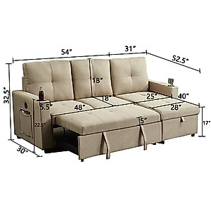 INSTORY Mid-Century Modern Linen Sofa L-Shaped Sectional Sofa Pull Out Sofa Bed Convertible Sleeper Sofabed with Storage Chaise & USB & Cup Holder for Living Room-Brown