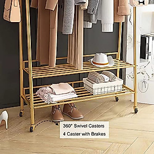 KaKaBB Gold Clothing Racks for Hanging Clothes, Heavy Duty Garment Rack, Rolling Clothes Rack with Storage Shelf on Wheels, Organizer Closet, Golden(31.5in)