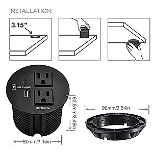 Black Tabletop Power Grommet with 2 AC Power Outlets + 1 USB-A Charger + 1 USB-C Charger and 10 FT Power Cord