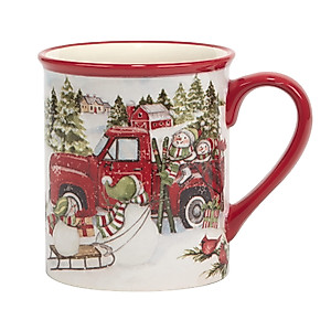 Certified International Red Truck Snowman 16 oz. Mugs, Set of 4, Multicolor