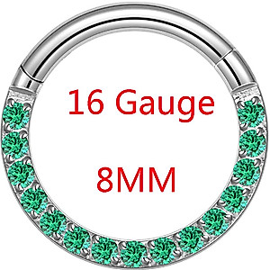 Showself 16G Septum Rings Septum Clicker Green Cubic Zirconia Septum Jewelry Surgical Steel 16 Gauge Daith Hoop Earrings Daith Piercing Jewelry (8mm)