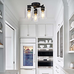 Eatich Flush Mount Ceiling Light, 3-Light Black Ceiling Light Fixture, Kitchen Light Fixtures with Clear Glass Shade, Modern Hallway Light Fixtures Ceiling Mount for Foyer Entryway