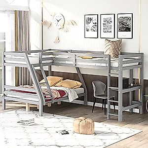 Merax Wood L-Shaped Bunk Bed with a Loft Attached, Triple Bedframe with Desk, Guardrails, and Ladders, Twin Over Full, Gray