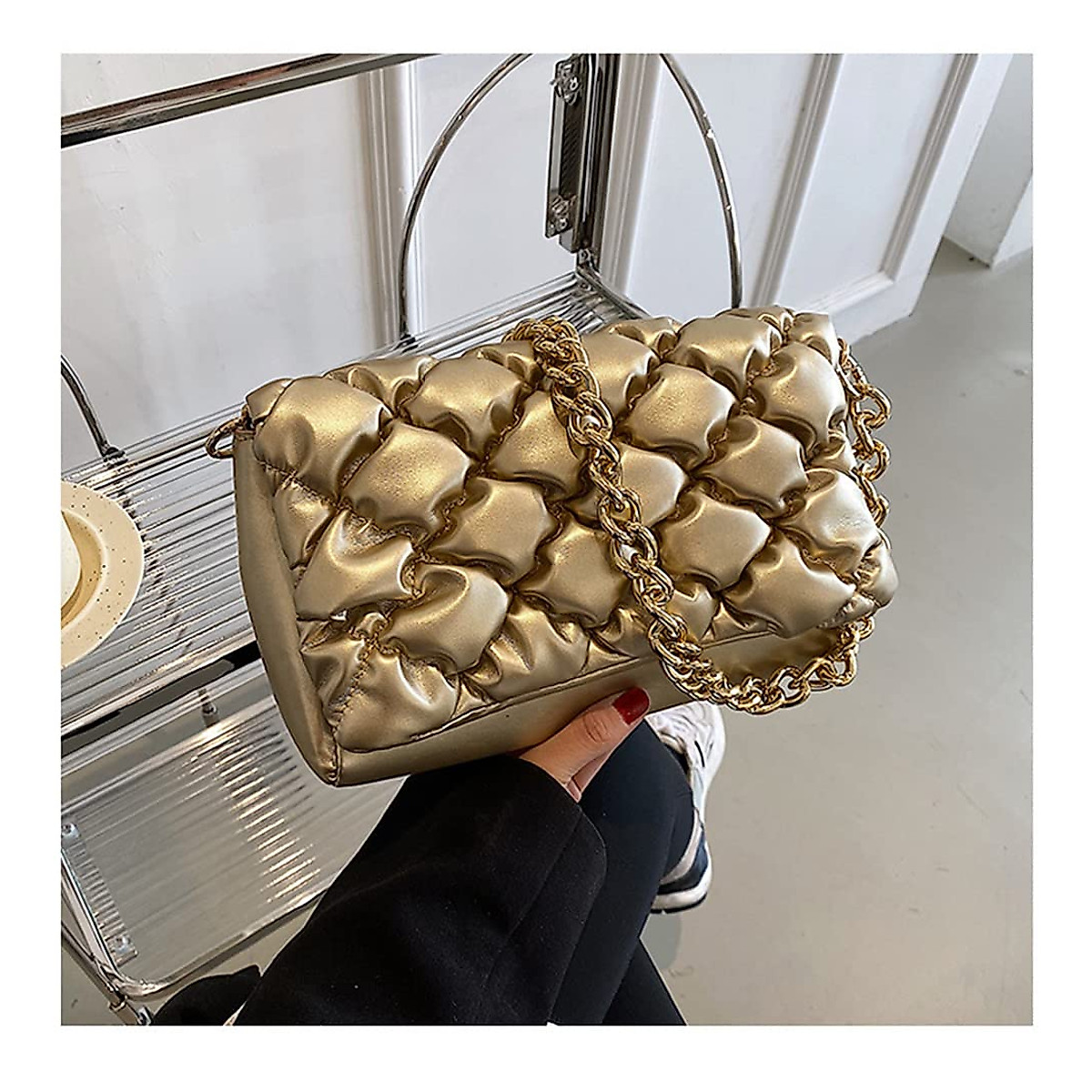 abigail paige Quilted Purse for Women Classic Shoulder Bag Designer Crossbody Bag with Chain Strap (Gold)