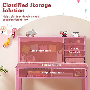 Costzon Kids Desk and Chair Set, Wooden Study Desk for Kids with Storage, Hutch, Cork Bulletin Board, Student Writing Computer Workstation, Kids Desk for Study Room, Bedroom, School, Pink