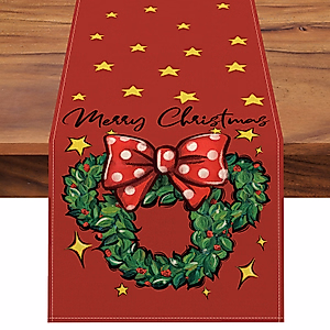Seliem Merry Christmas Wreath Table Runner, Xmas Red Polka Dot Bow Stars Kitchen Dining Table Decor, Winter Holiday Farmhouse Home Decoration Indoor Outdoor Party Supply 13 x 72 Inches