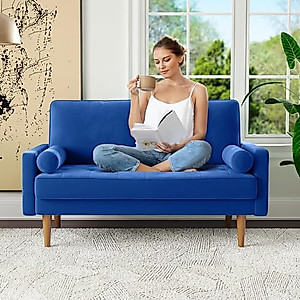 Vesgantti 58 inch Loveseat Sofa, 2 Seater Sofa for Small Space, Button Tufted Blue Velvet Couch with 2 Pillows, Mid Century Modern Couch w/Armrest, Small Couches for Living Room, Bedroom, Apartment