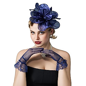 SWEETV Fascinators Hats for Women Tea Party Hat and Gloves Set for Kentucky Derby, Cocktail, Wedding, Fancy Dress Party Blue