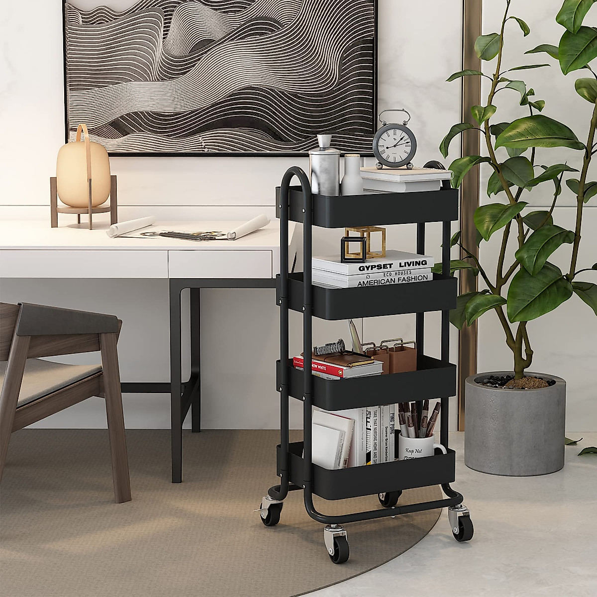 MIOCASA 4-Tier Metal Utility Rolling Cart, Heavy Duty Multifunction Cart with Lockable Casters, Easy to Assemble, Suitable for Office, Bathroom, Kitchen, Garden (Black)