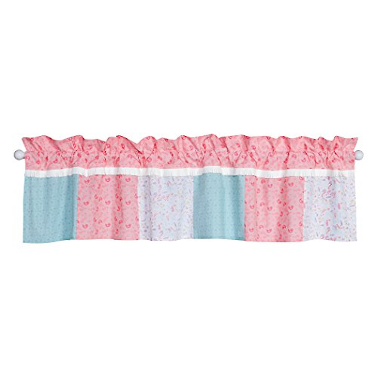 Wild Forever Window Valance - Prairie Floral Scatter Print, Song Birds, Leaf Patch Body, Song Birds Top Border and Accents, Rod Pocket, Pink, Aqua and White, 60 in x 15 in