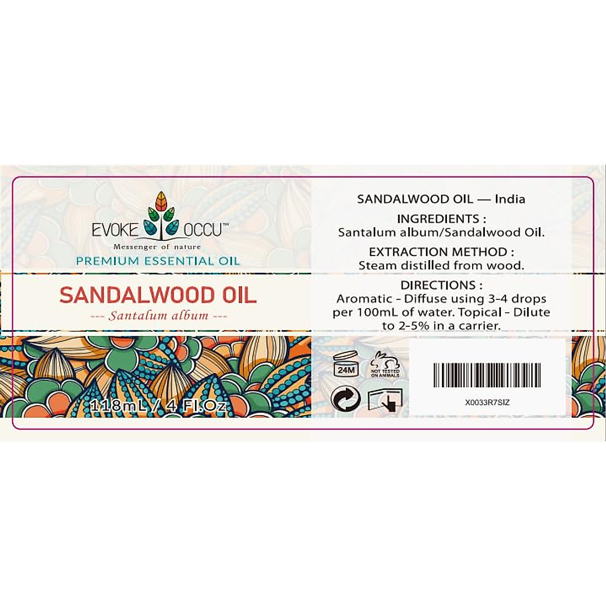 EVOKE OCCU Sandalwood Essential Oil 4 Fl Oz, Pure Sandalwood Oil for Diffuser Candle Soap Making - 118ml