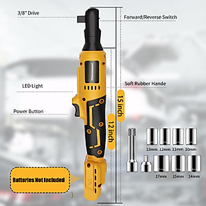 Lezwuatoolz 3/8" Brushless Cordless Ratchet, Electric Ratchet Compatible with DEWALT 20V Battery, 74Ft-Lbs Ratchet Wrench with Variable Speed Trigger, 3/8" to 1/4" Adapter, 3" Extension Bar(Tool Only)