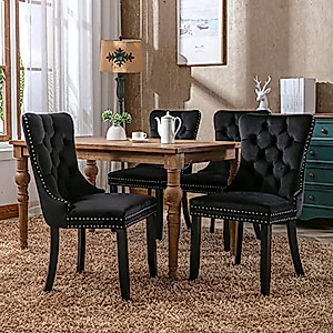 GEEVIVO Velvet Dining Chairs Set of 2, Upholstered Tufted Dining Room Chairs with Nailhead Button Back and Ring Pull Trim, Solid Wood Legs Side Dining Chairs for Dining Room/Kitchen/Restaurant, Black