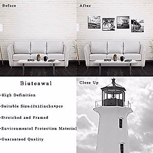 Biuteawal- 4 Piece Wall Art Back White Beach Picture Canvas Print Florida Coastline Lighthouse Lifeguard Tower Pier Poster Print Streched Framed Artwork Living Room Bedroom Bathroom Deco