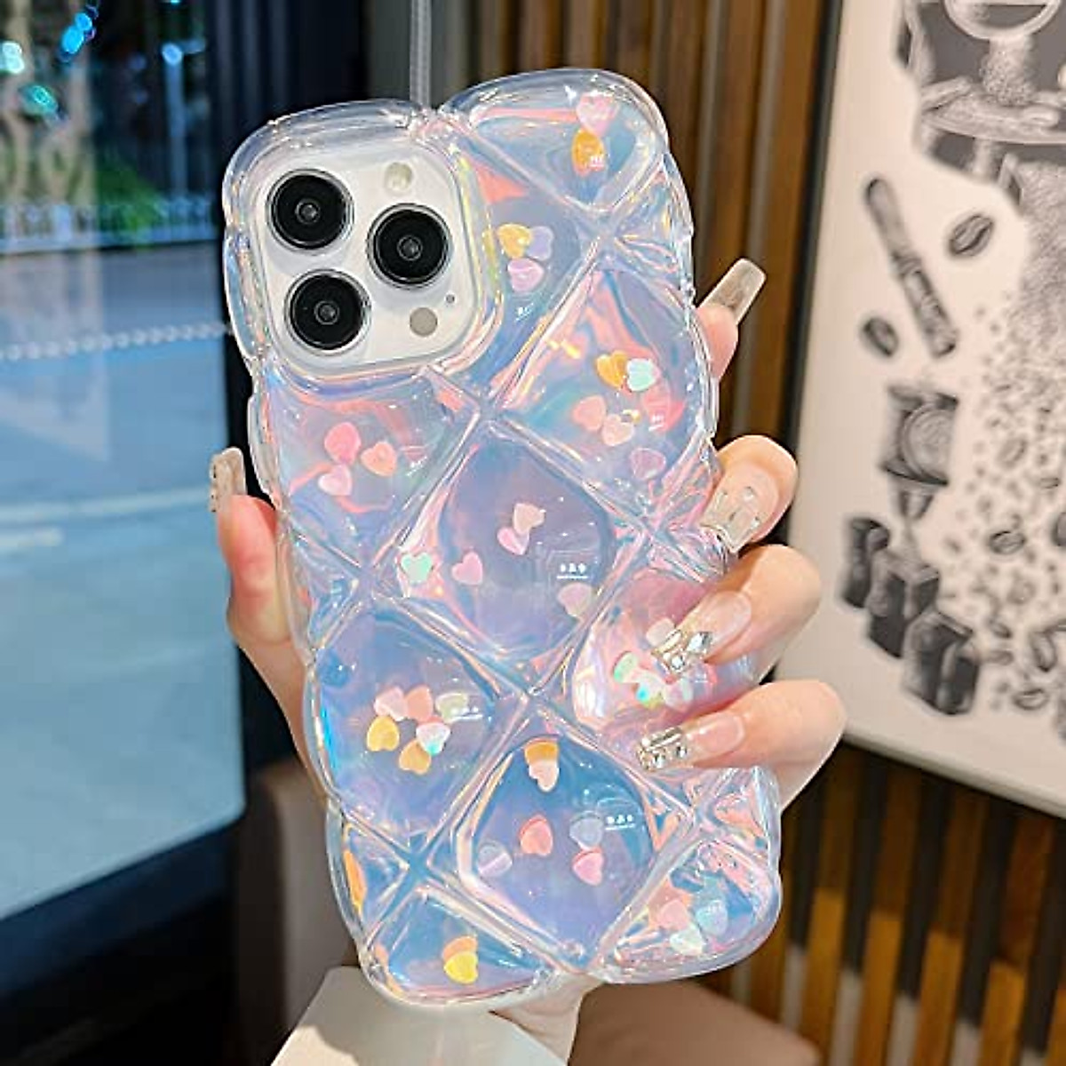 Qokey Compatible with iPhone 14 Pro Max Case 6.7",Cute Laser Gradual Bling Love Heart Glitter Clear+Translucent Card Soft Wave Frame Anti-Falling 3D Thick Shockproof Phone Cover(for 14 Pro Max 6.7")