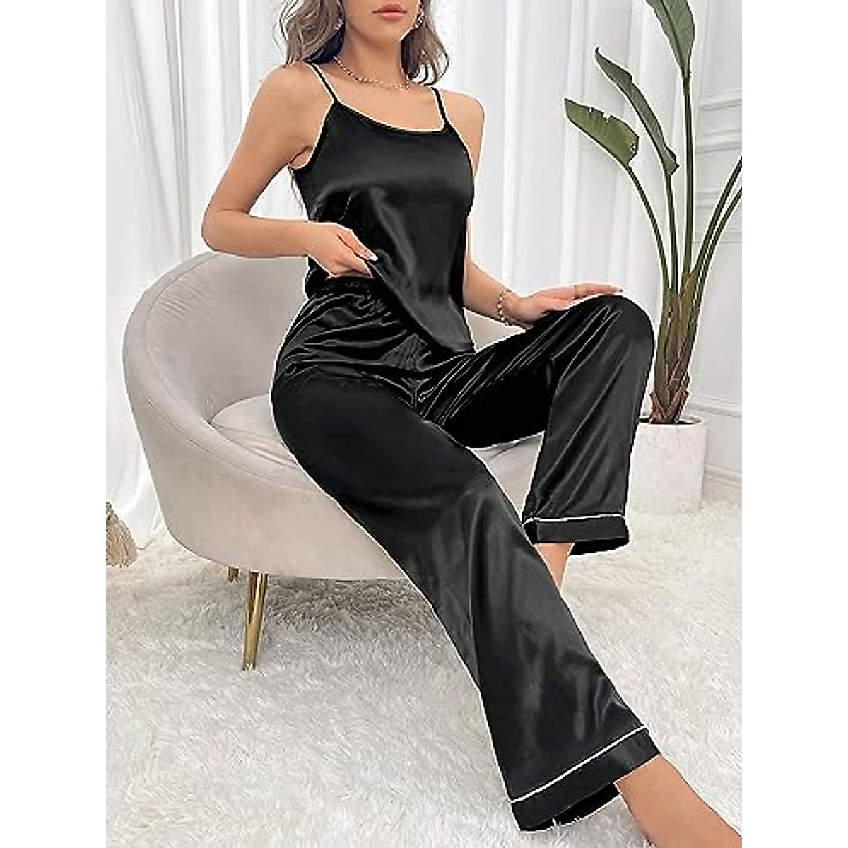 Ekouaer Satin Sleep Set for Women Spaghetti Strap Silk Pajamas Loose Fit Nightwear with Pockets(Black,XXL)