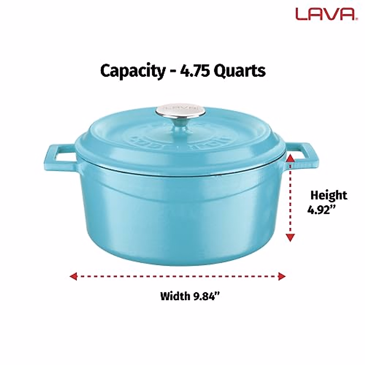 LAVA 4.7 Quarts Cast Iron Dutch Oven: Multipurpose Stylish Round Shape Dutch Oven Pot with Three Layers of Enamel Coated with Trendy Lid (Turquoise)