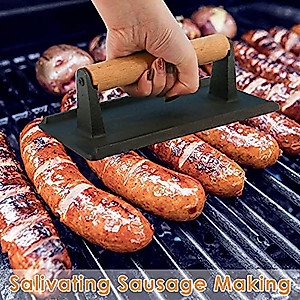 Finderomend Cast Iron Grill Bacon Press,Pre-Seasoned Coating Heavy Duty Steak and Burger Press with Wooden Handle,Steak Press for Griddles,Grills Bacon, Paninis (Dark Black)