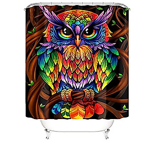 Posienr Colorful Owl Shower Curtain Sets Bath Mat 4 Pcs Decor Bathroom Cute Cartoon Animals Contour Mat Toilet Lid Cover U Shaped Non-Slip Rug Fabric Waterproof Polyester with 12 Hooks