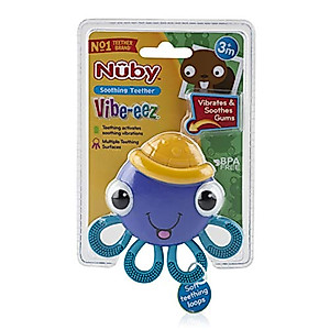 Nuby Vibe-eez Vibrating Teether - Battery Powered - Textured Surface and Easy to Grasp Toy for Baby Teething Relief - 3+ Months - Octopus