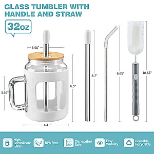 VOKOVO 32oz Glass Tumbler with Bamboo Lid and Straw, Glass Water Bottles with Time Marker, Iced Coffee Cup with Handle, Two Straw - Boba Straw & Drinking Straw Silicone Protective Sleeve-White