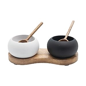 Bloomingville Mango Tray White Pinch Pot 2 Wood Spoons (Set of 5) Bowl, Black White & Natural, 5, 8 liters