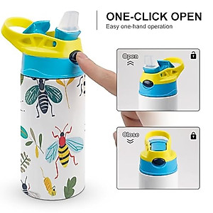 Stainless Steel Water Bottles Bright Insect Pattern Travel Water Cups with Handle And Silicone Straw Drinking Cup with Leak Proof Lid Thermo Travel Mug for Women Men