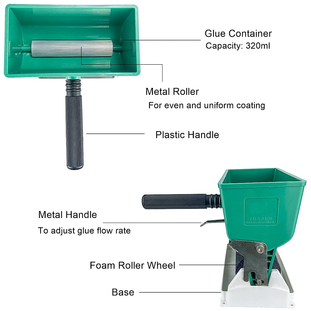 6 Inch Portable Glue Applicator Roller with Paint Bucket Handheld Manual Adhesive Glue Spreader with 2 Foam Wheels for Carpenter Woodworking, 10.5oz(320ml)